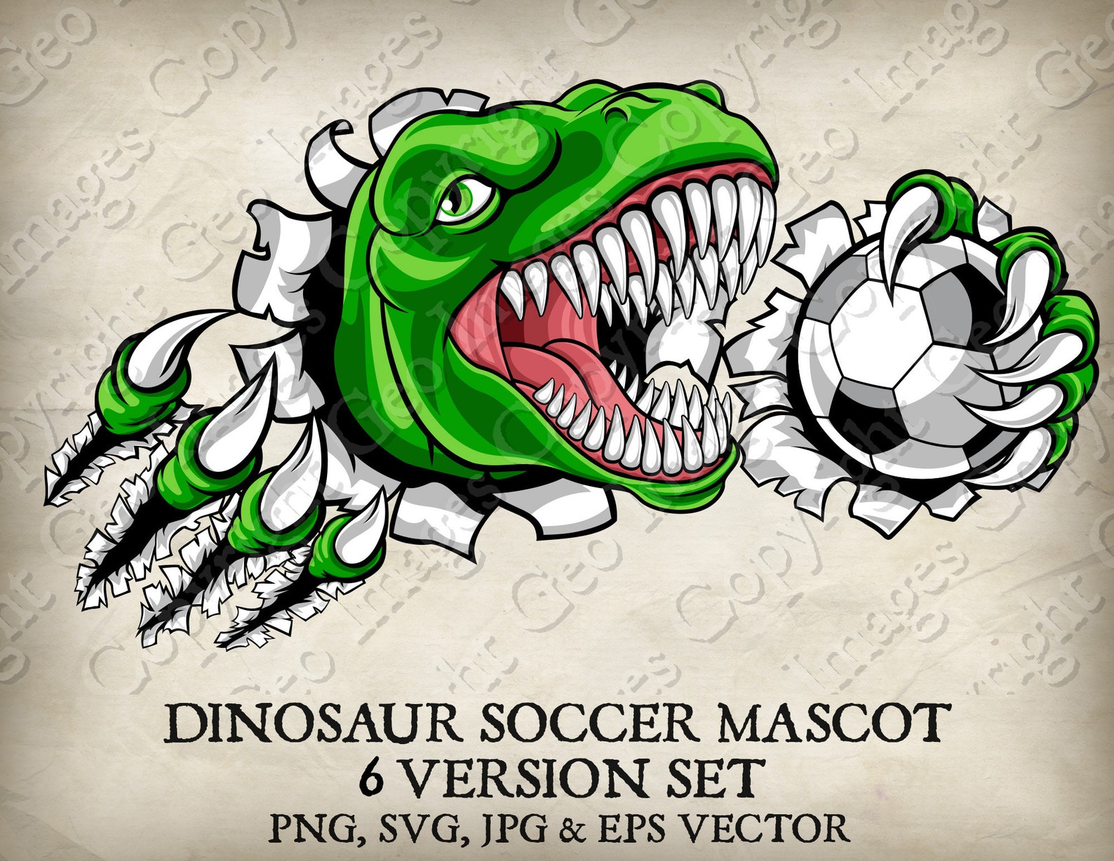 Dinosaur T Rex Raptor Holding Soccer Football Ball in Claw Mascot Logo ...
