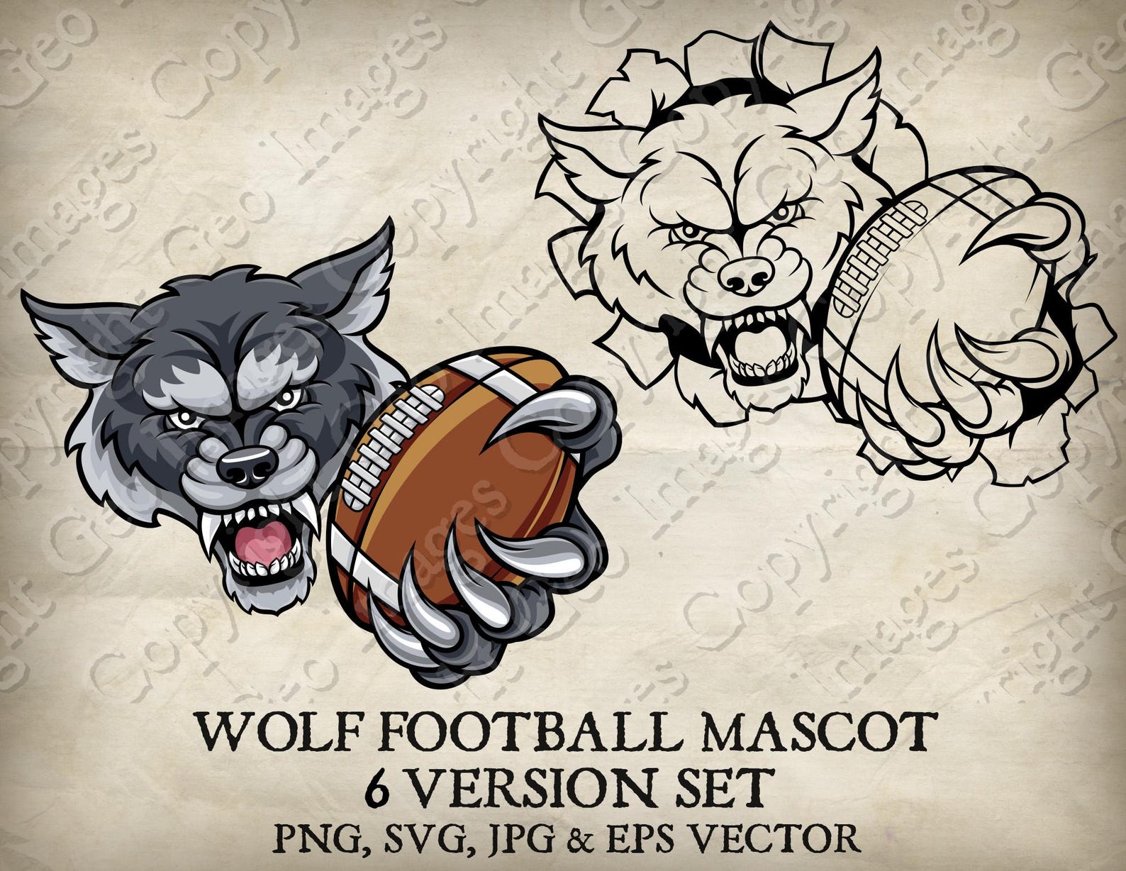 Wolf Holding American Football Ball Team Mascot Wolves Logo Cartoon. 6 ...