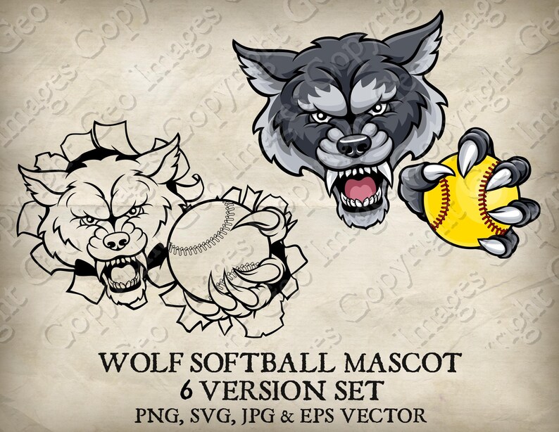 Wolf Holding Softball Ball Team Mascot Timber Wolves Logo Cartoon. 6 ...