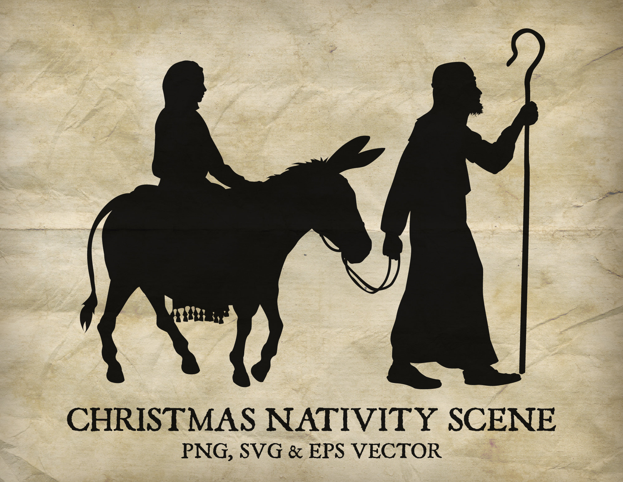 Christmas Nativity Scene Silhouette. Joseph and Mary Walking on Donkey ...