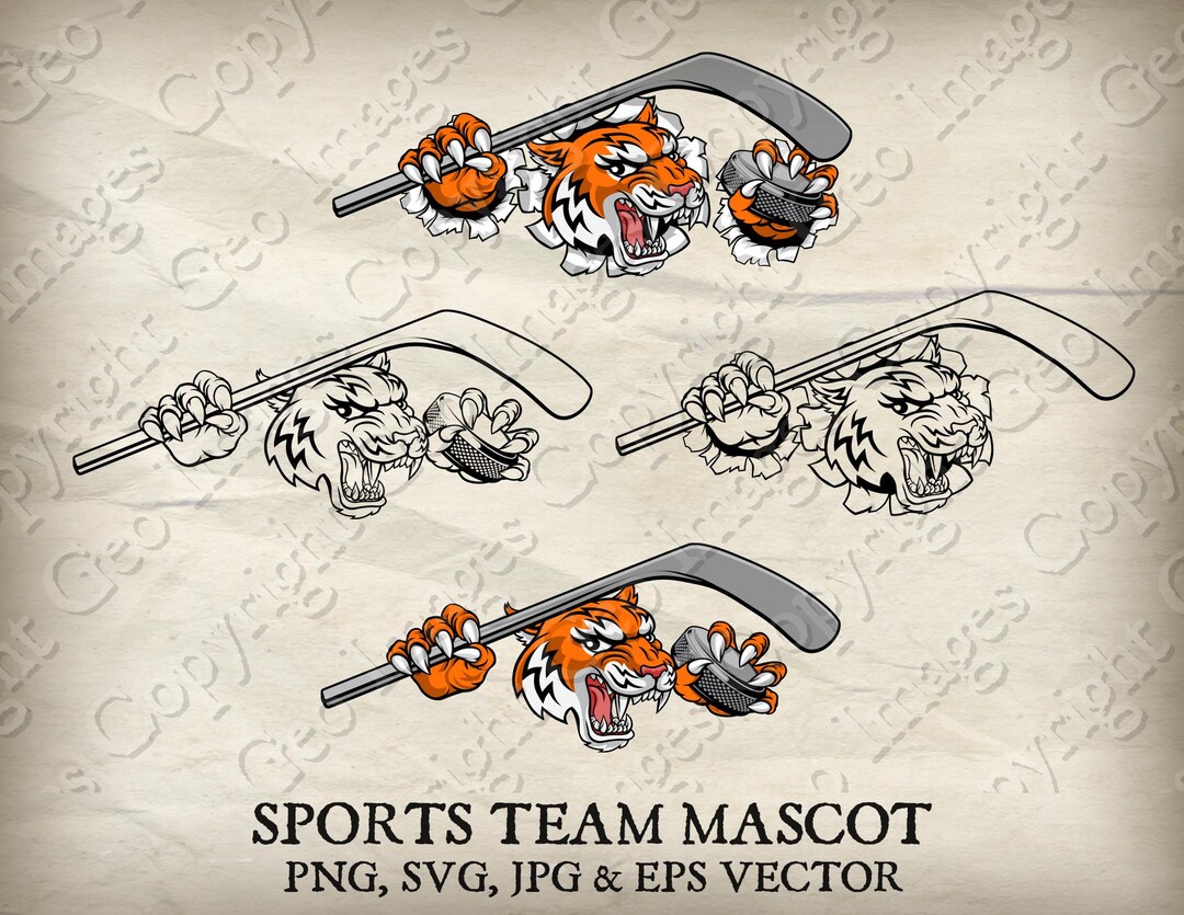 Tiger Hockey Mascot Tigers Logo Cartoon. 16 Versions. Holding Ice ...