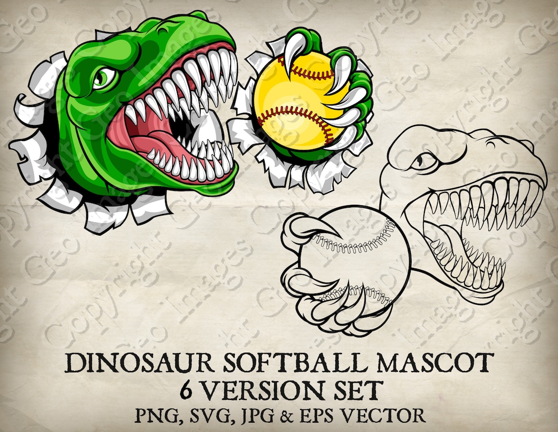 Dinosaur T Rex Raptor Holding Softball Ball in Claw Team Mascot Logo ...