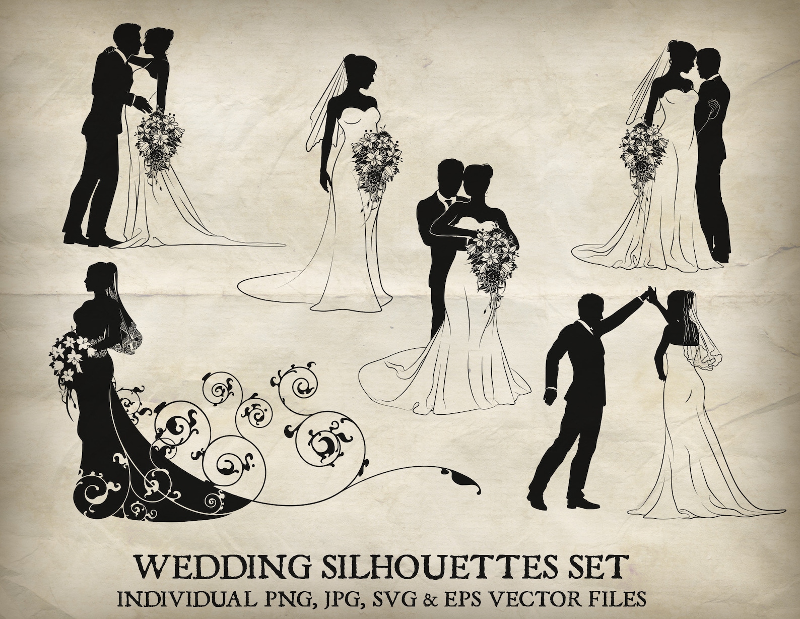 Bride and Groom Wedding Silhouette Vector Set. Each of the Silhouettes ...