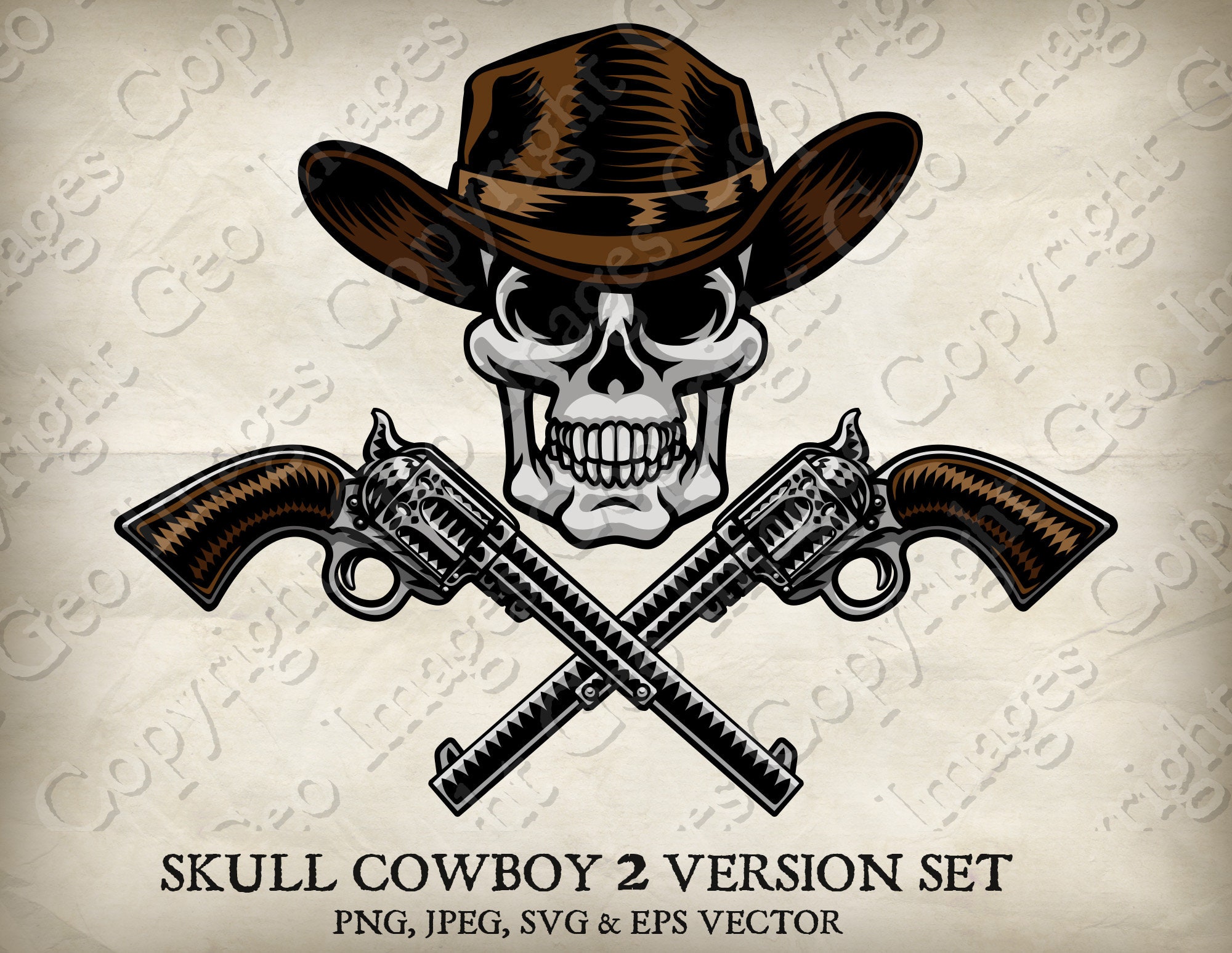 Cowboy Skull Cow Boy Hat Cross Bones Crossed Pistol Revolver Guns ...