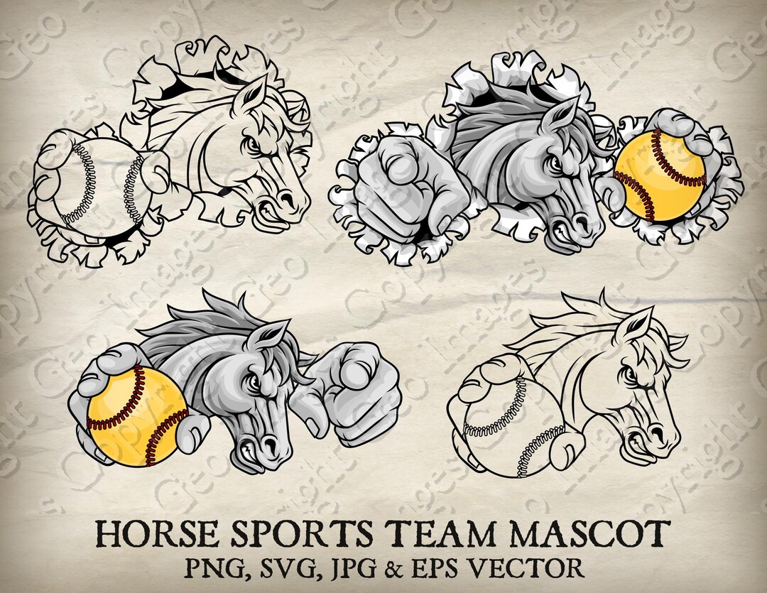 White Horse Softball Mustang Bronco Stallion Holding Ball Sports Team ...