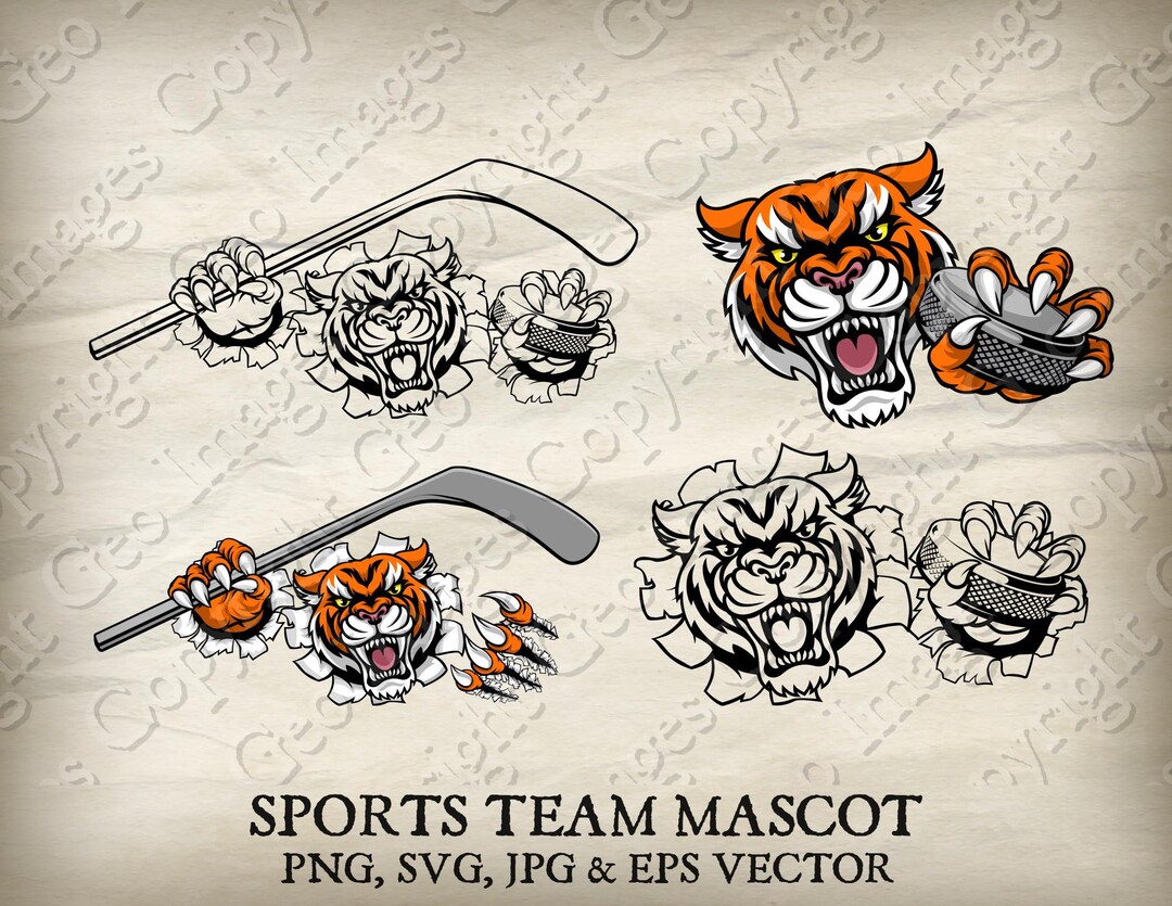 Tiger Hockey Mascot Tigers Logo Cartoon. 16 Versions. Holding Ice ...