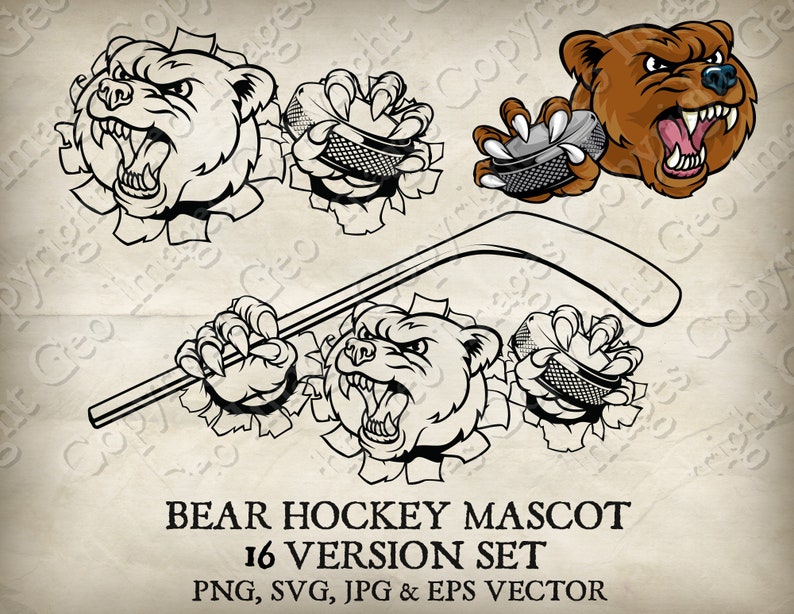 Bear Grizzly Hockey Mascot Bears Logo Cartoon. 16 Versions. Holding Ice ...