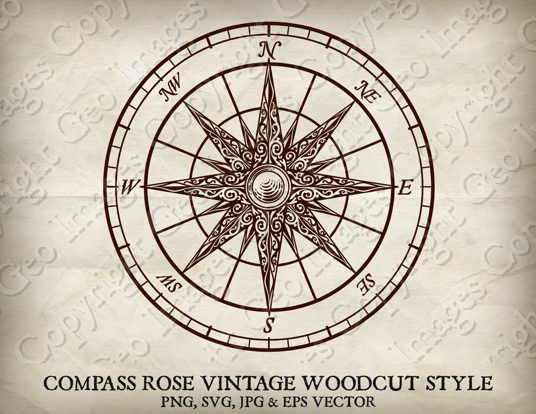 Compass Rose Star Nautical Map Illustration in a Vintage Woodcut ...