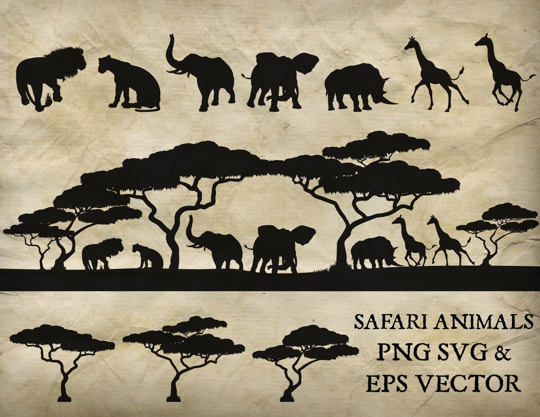 Safari African Animal Silhouette Scene and Set of Silouette Elephants ...