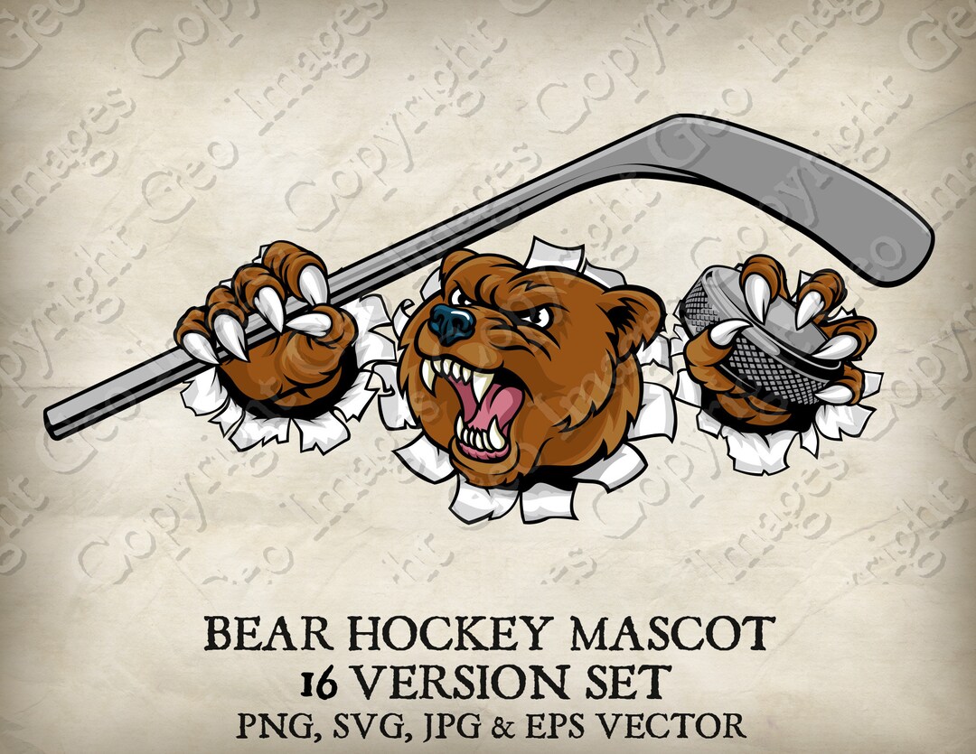 Bear Grizzly Hockey Mascot Bears Logo Cartoon. 16 Versions. Holding Ice ...