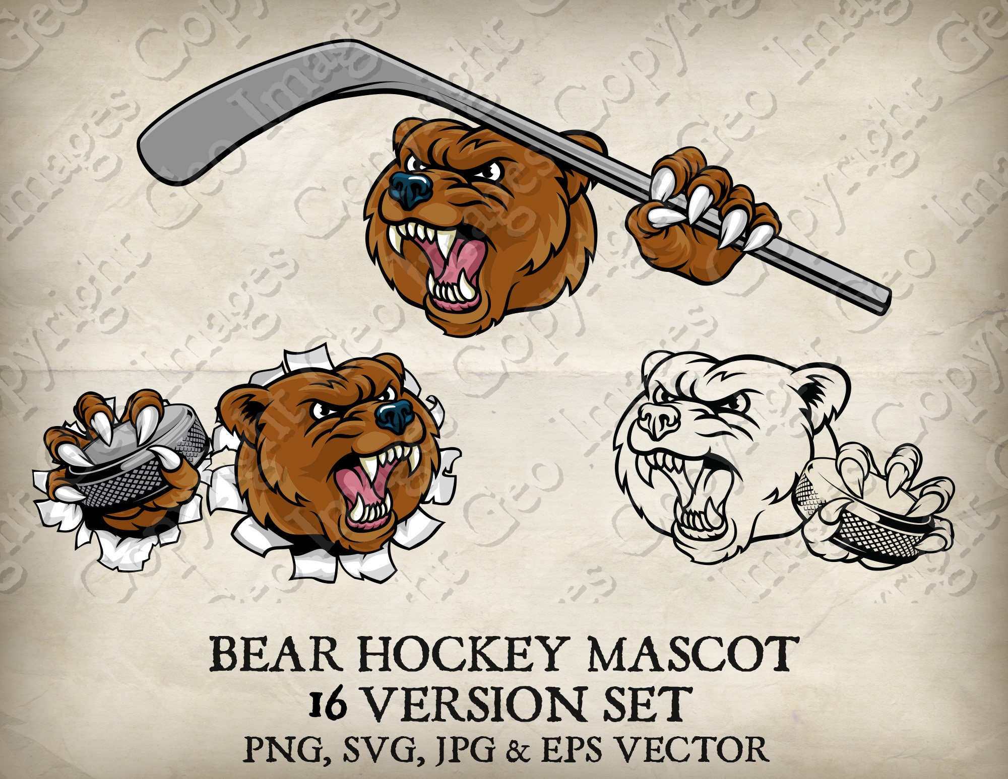 Bear Grizzly Hockey Mascot Bears Logo Cartoon. 16 Versions. Holding Ice ...