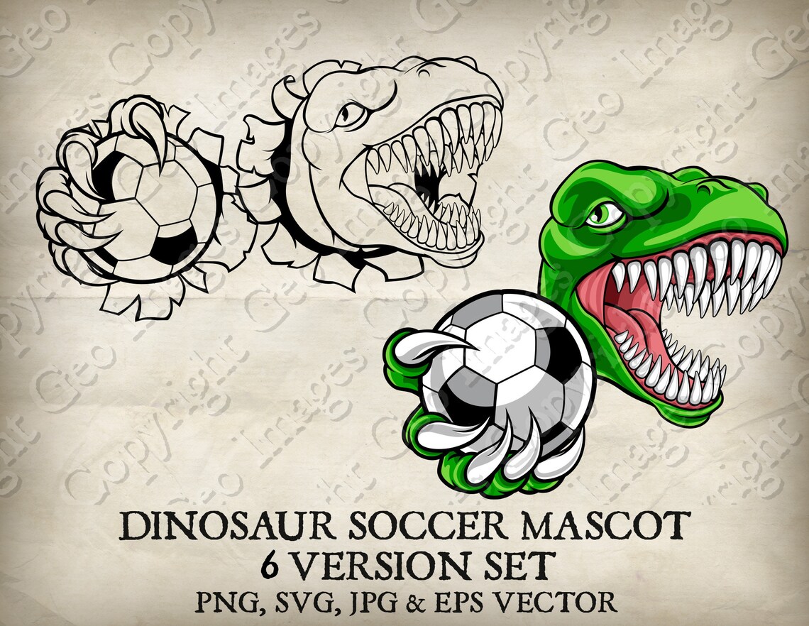 Dinosaur T Rex Raptor Holding Soccer Football Ball in Claw Mascot Logo ...