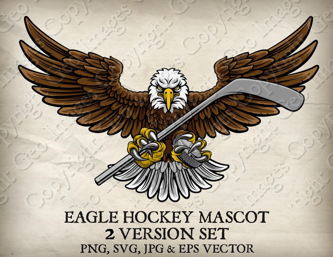 Eagle Hawk Falcon Bird Holding Ice Hockey Puck Stick Sports Mascot Bald ...