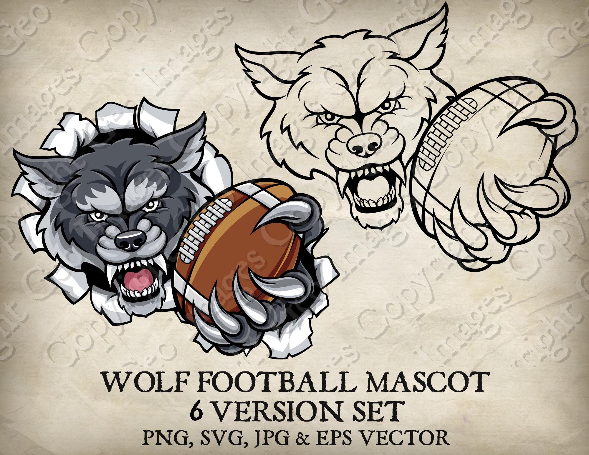 Wolf Holding American Football Ball Team Mascot Wolves Logo Cartoon. 6 ...