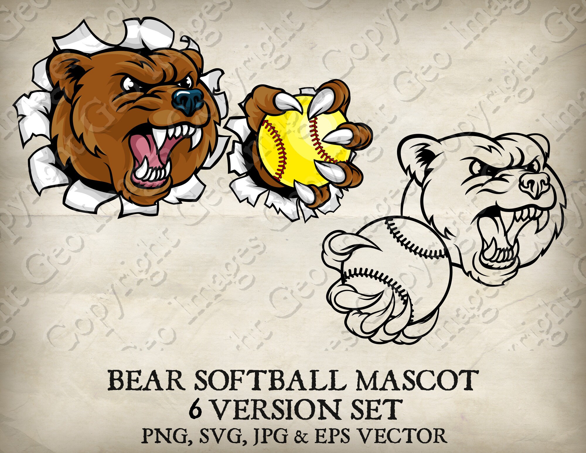Bear Grizzly Softball Ball Claws Mascot Bears Logo Cartoon. 6 Versions ...