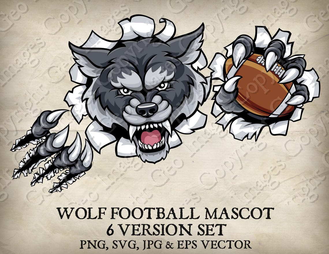 Wolf Holding American Football Ball Team Mascot Wolves Logo Cartoon. 6 ...