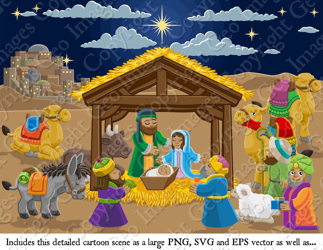 Christmas Nativity Scene Kids Cartoon. Baby Jesus, Mary, Joseph, Manger ...