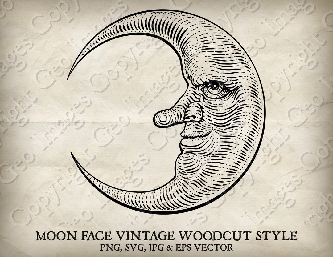 Moon With Person or Man in the Moon Face Illustration in a Vintage ...