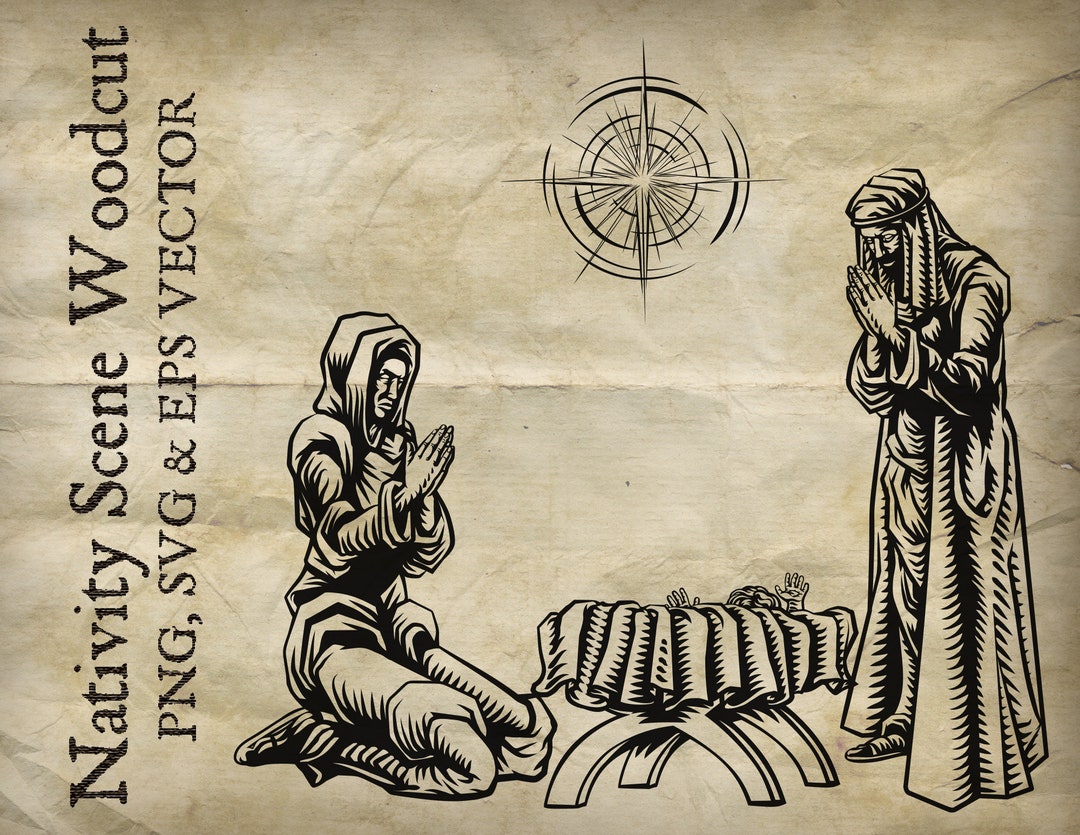 Christmas Nativity Scene in Vintage Woodcut Intaglio Style. Baby Jesus ...