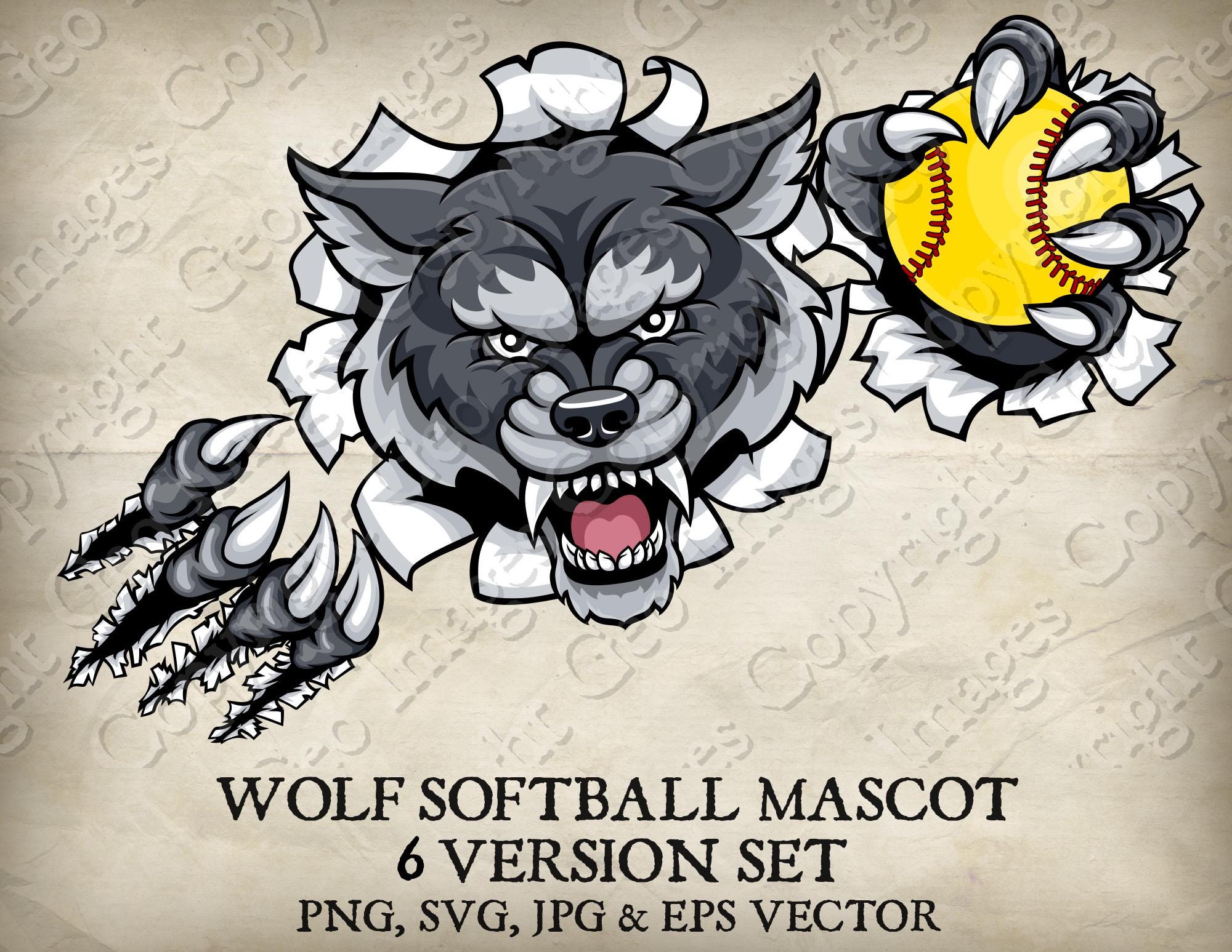Wolf Holding Softball Ball Team Mascot Timber Wolves Logo Cartoon. 6 ...