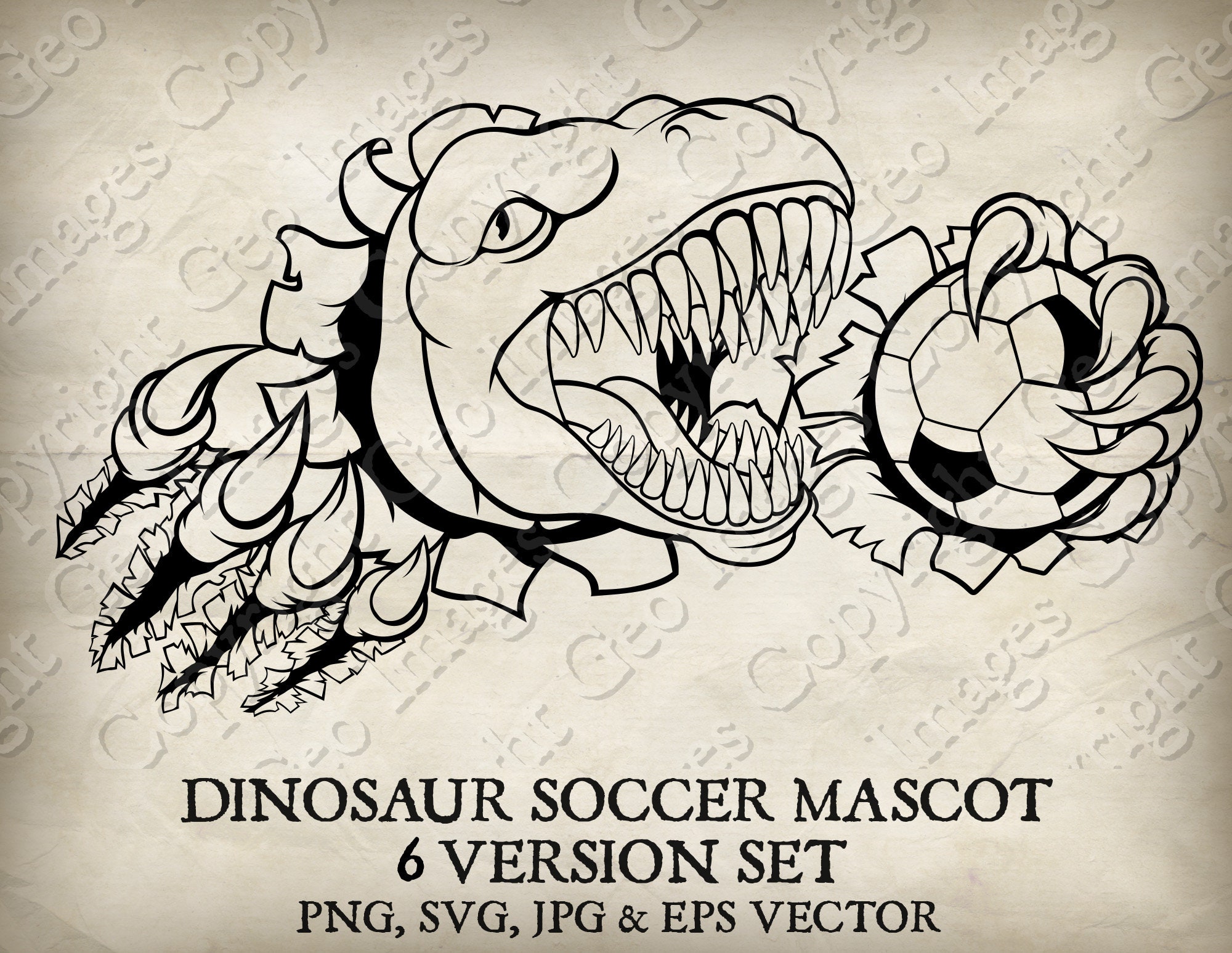 Dinosaur T Rex Raptor Holding Soccer Football Ball in Claw Mascot Logo ...