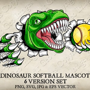 Dinosaur T Rex Raptor Holding Softball Ball in Claw Team Mascot Logo ...