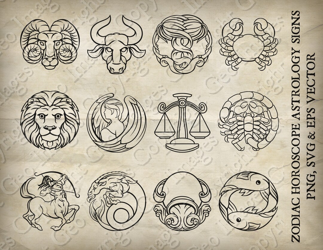 Zodiac Horoscope Sign Symbols Icon Set; All 12 Astrology Birth Star ...