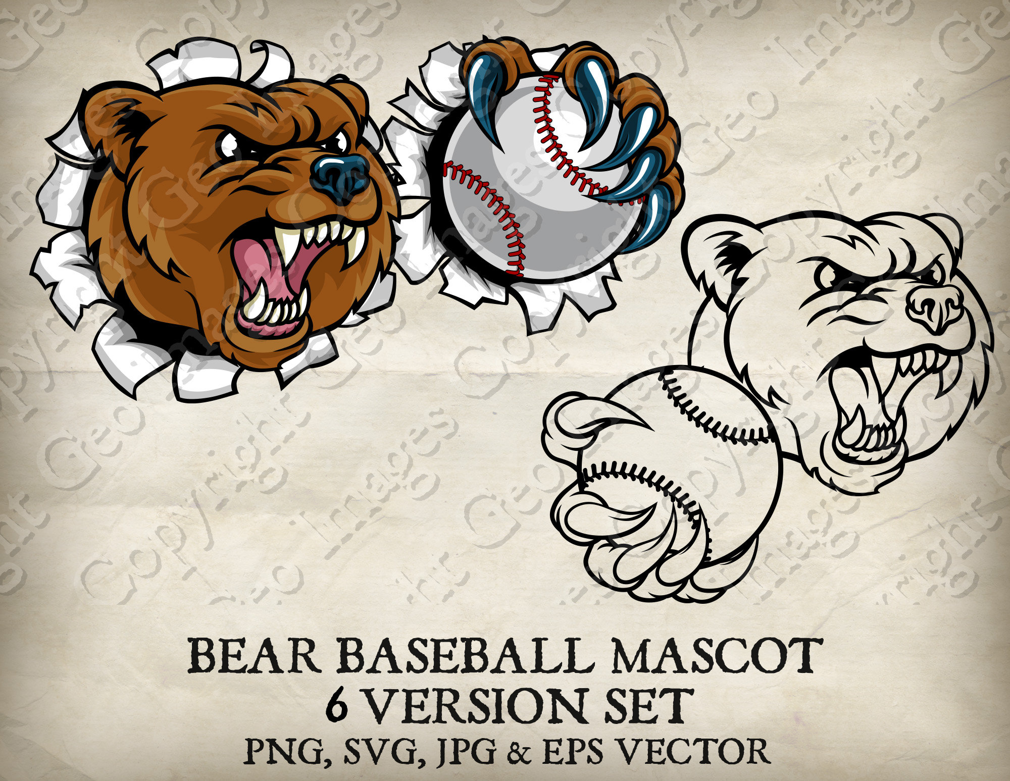 Bear Grizzly Baseball Ball Claws Mascot Bears Logo Cartoon. 6 Versions ...