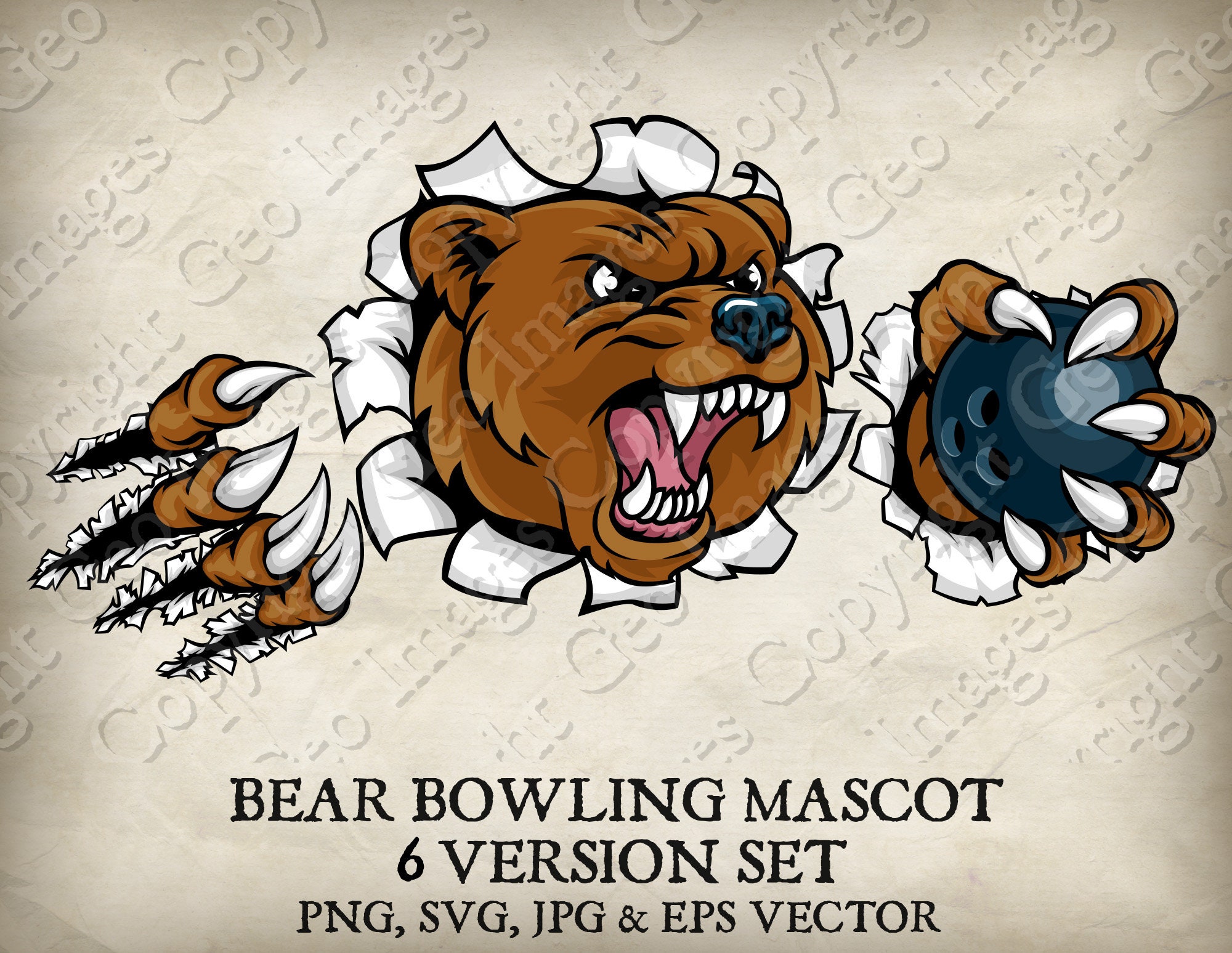 Bear Grizzly Bowling Ball Claws Mascot Bears Logo Cartoon. 6 Versions ...