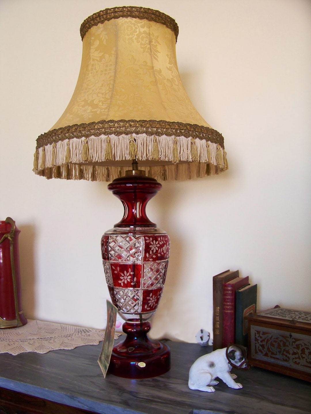 Antique Bohemian Crystal Table Lamp Made of Red Ruby Cut Crystal Glass ...