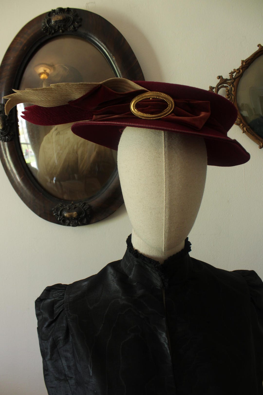 1900's Edwardian Era Style Burgundy and White Wool Felt Wide Brimmed ...
