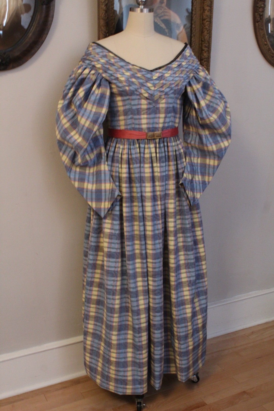 1830s Inspired Handmade Blue Plaid Moire Silk Faille Day - Etsy