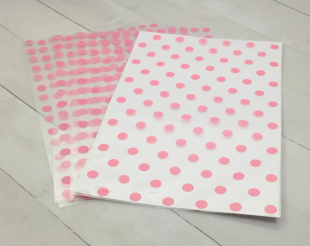 25 Clear Pink Dot Cello Bags, 5x8