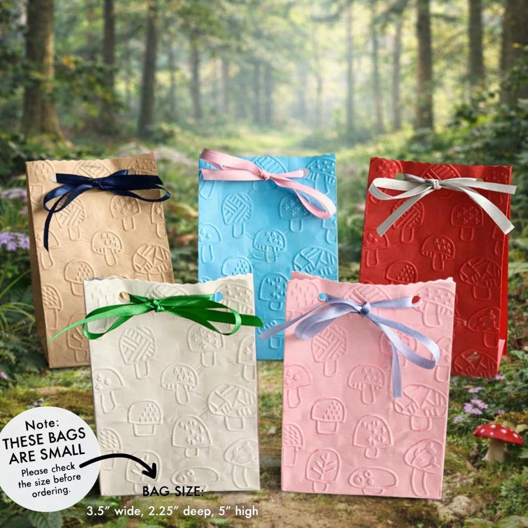 20 Toadstool Embossed Favor Bags With Ribbon, Available in 5 Colors - Etsy
