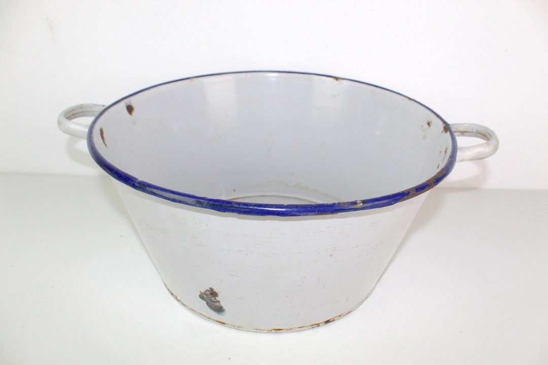Enamel Tub Bowl Enamelled Sheet Metal 2 Handles White Blue Vintage - Etsy