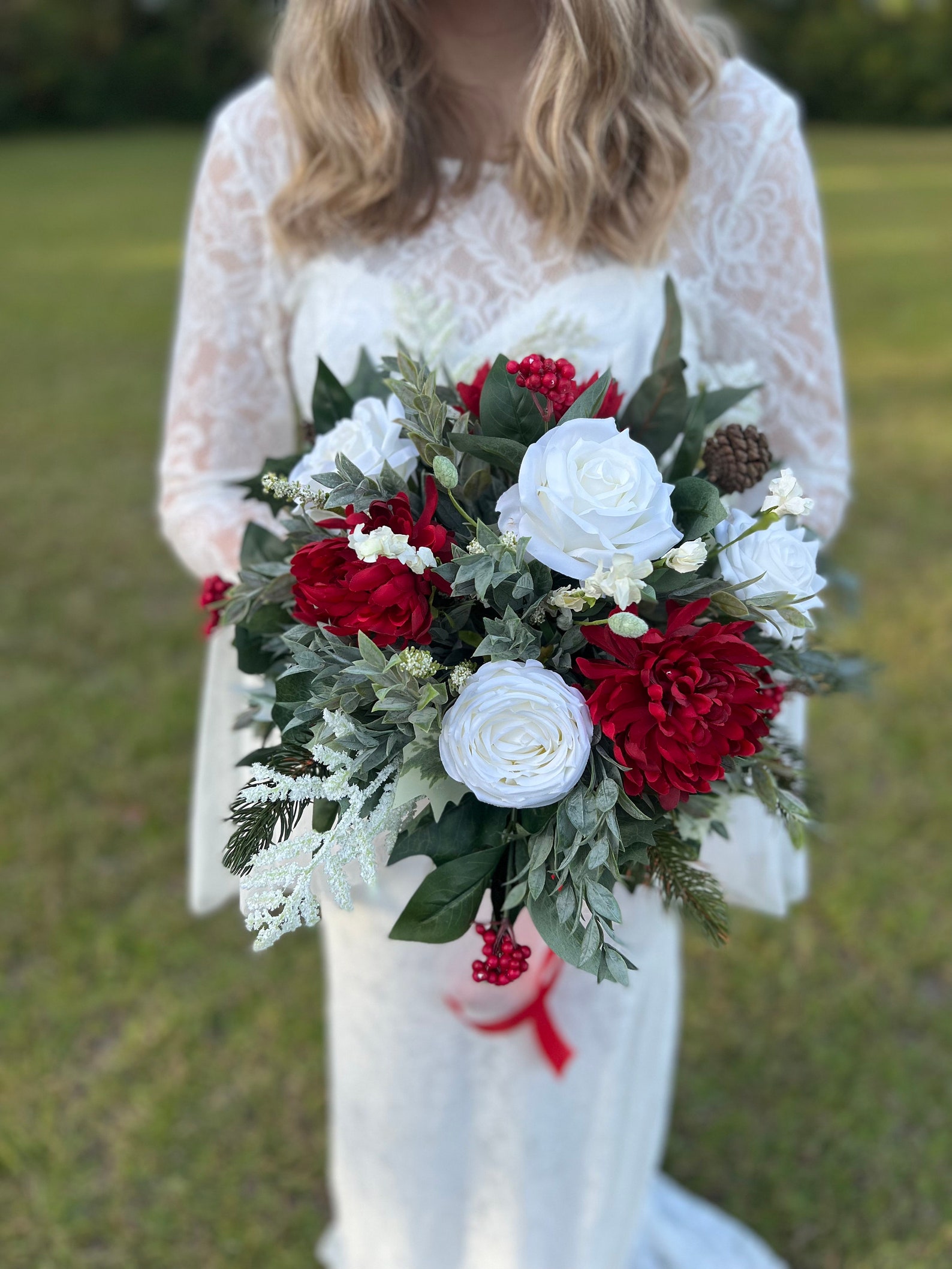 Christmas Wedding Bouquet, Red and White Silk Flowers - Etsy