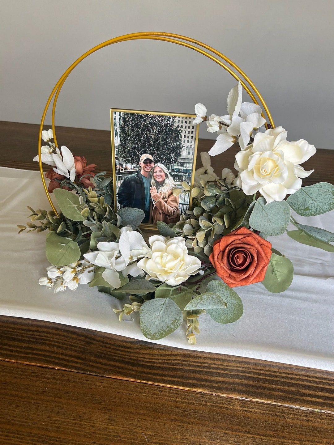 12” Gold Ring Floral Stand With Photo, Terracotta and Cream, Faux ...