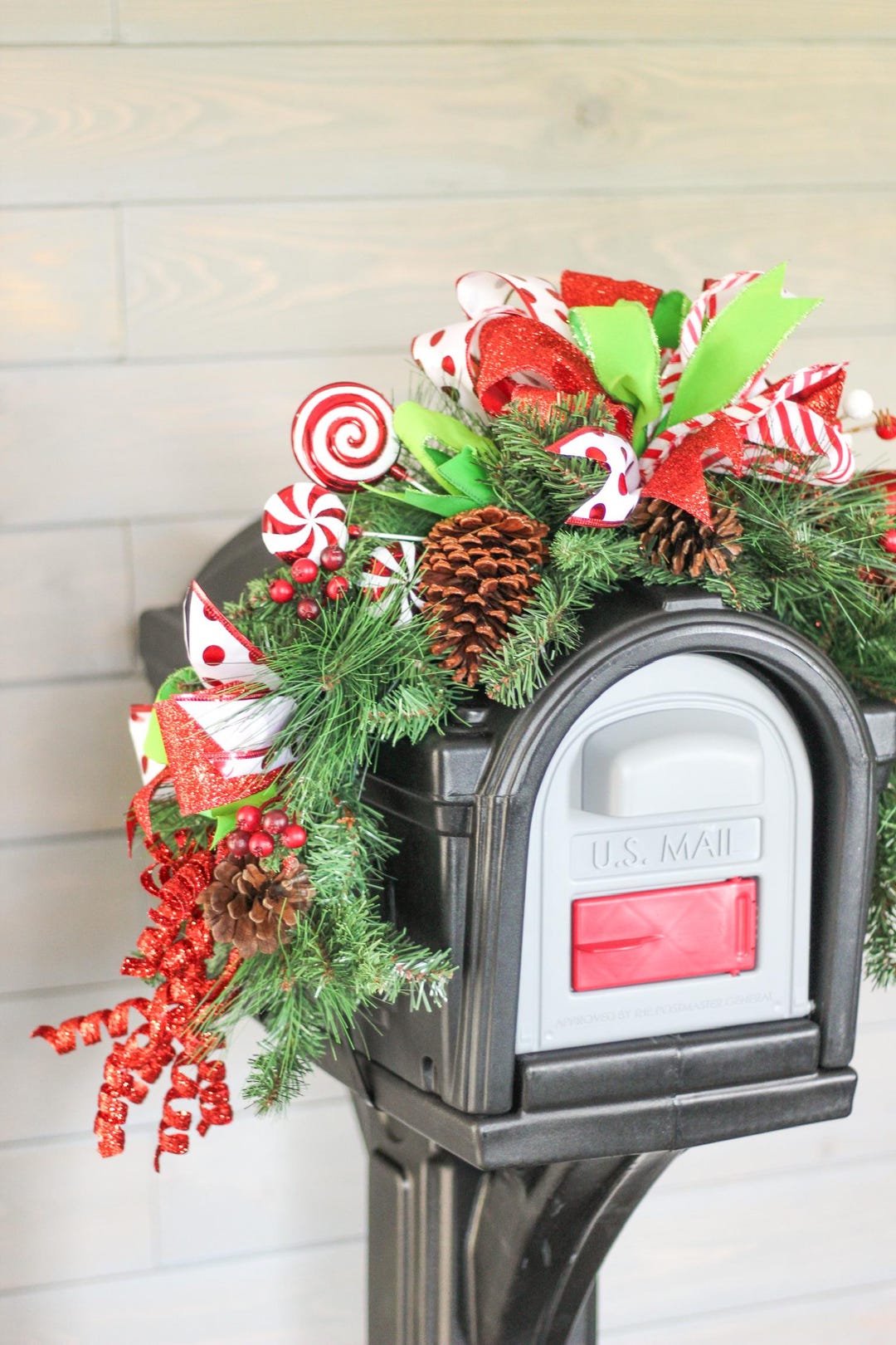 Peppermint Candy Mailbox Swag, Christmas Mailbox Topper With Red ...