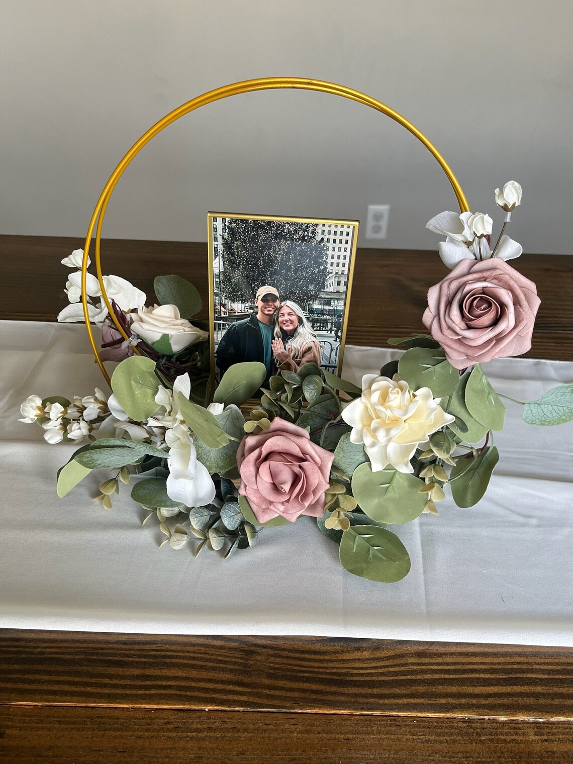 12” Gold Ring Floral Stand With Photo, Dusty Rose Wedding, Faux Floral ...