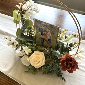 12” Gold Ring Floral Stand With Photo, Terracotta and Cream, Faux ...