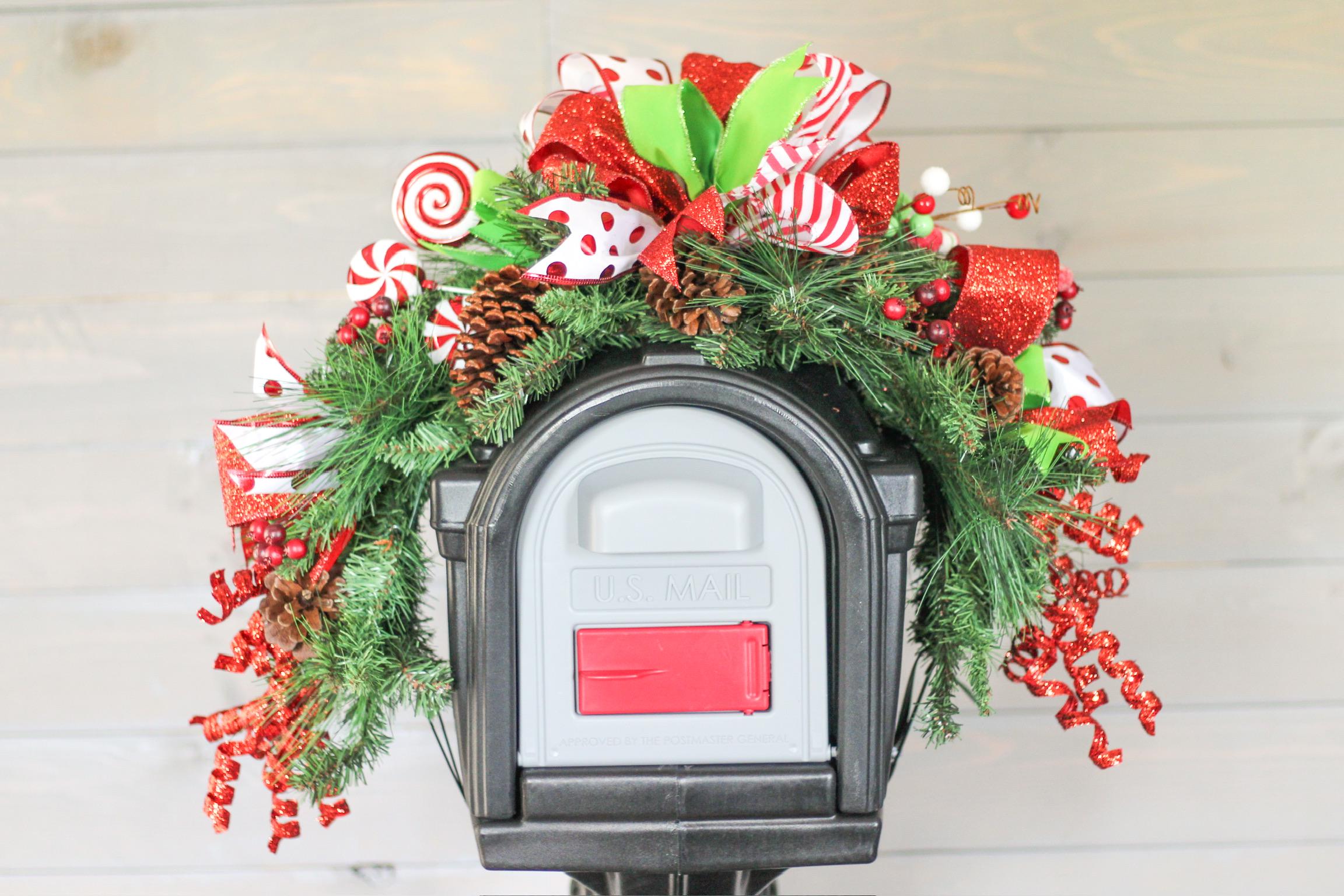 Peppermint Candy Mailbox Swag, Christmas Mailbox Topper With Red ...