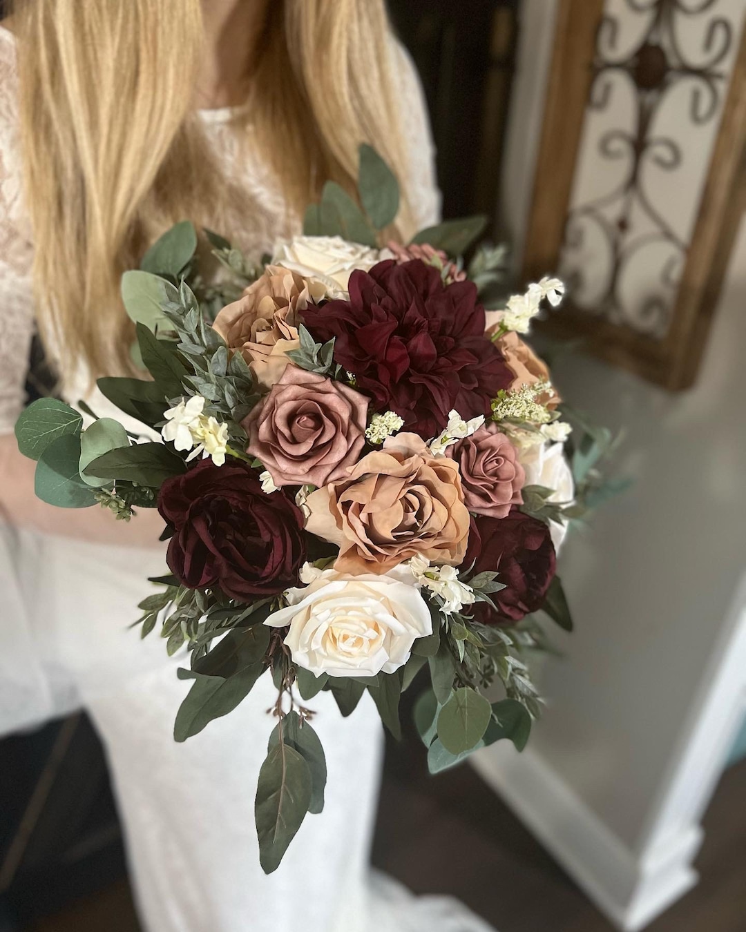Burgundy, Champagne, and Dusty Rose Wedding Bouquet, Cabernet Wedding ...