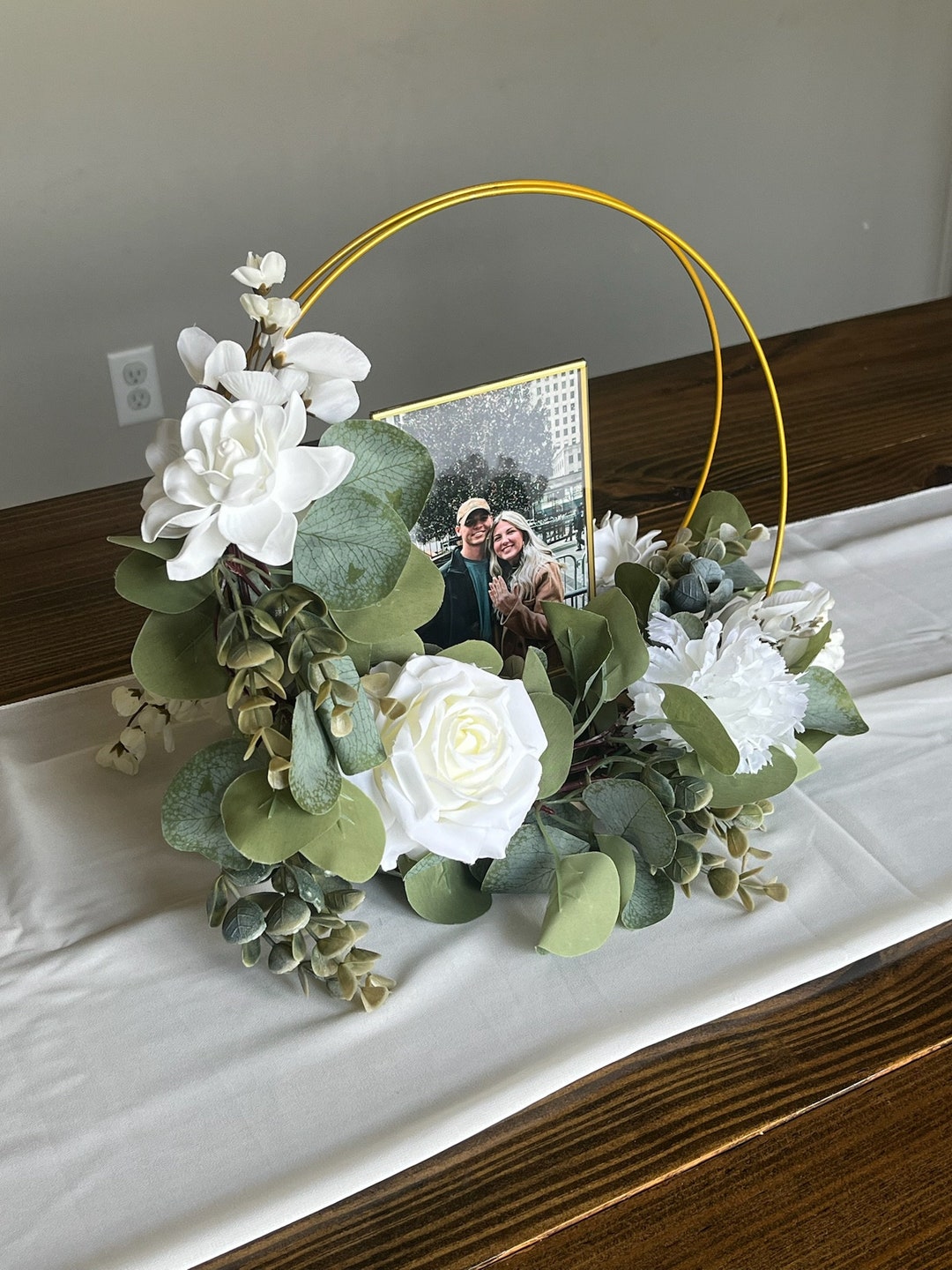 12” Gold Ring Floral Stand With Photo, White Wedding, Faux Floral ...