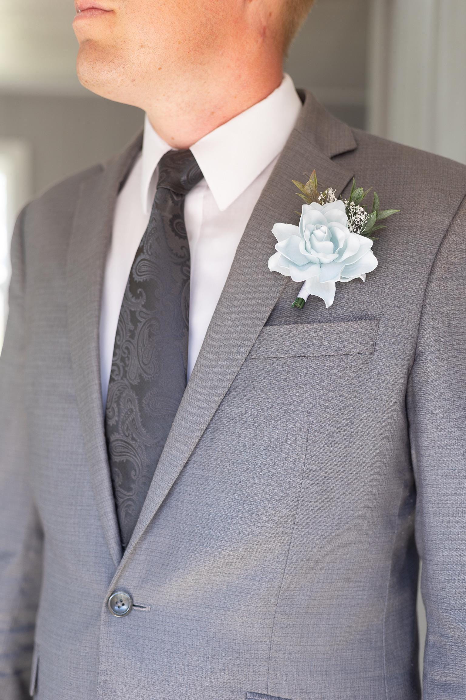 SET OF Bouquet and Boutonnière, Baby Blue Colored Prom Flowers, Sky ...
