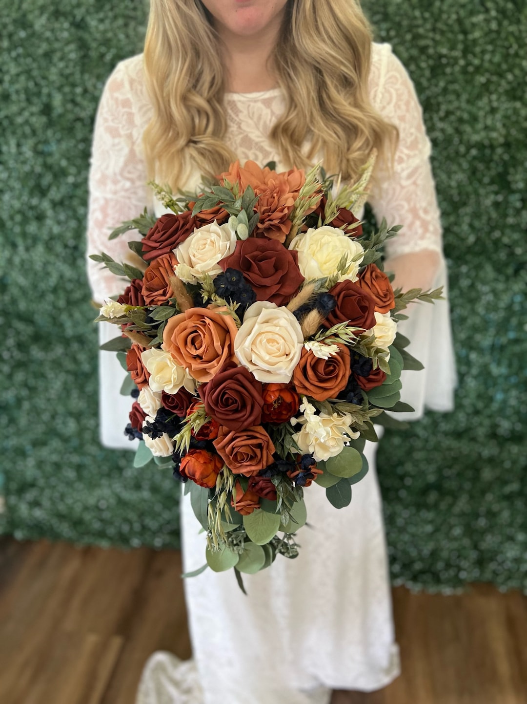 Cascade Mixed Fall Bridal Wedding Wedding Bouquets, Burnt Orange, Navy ...