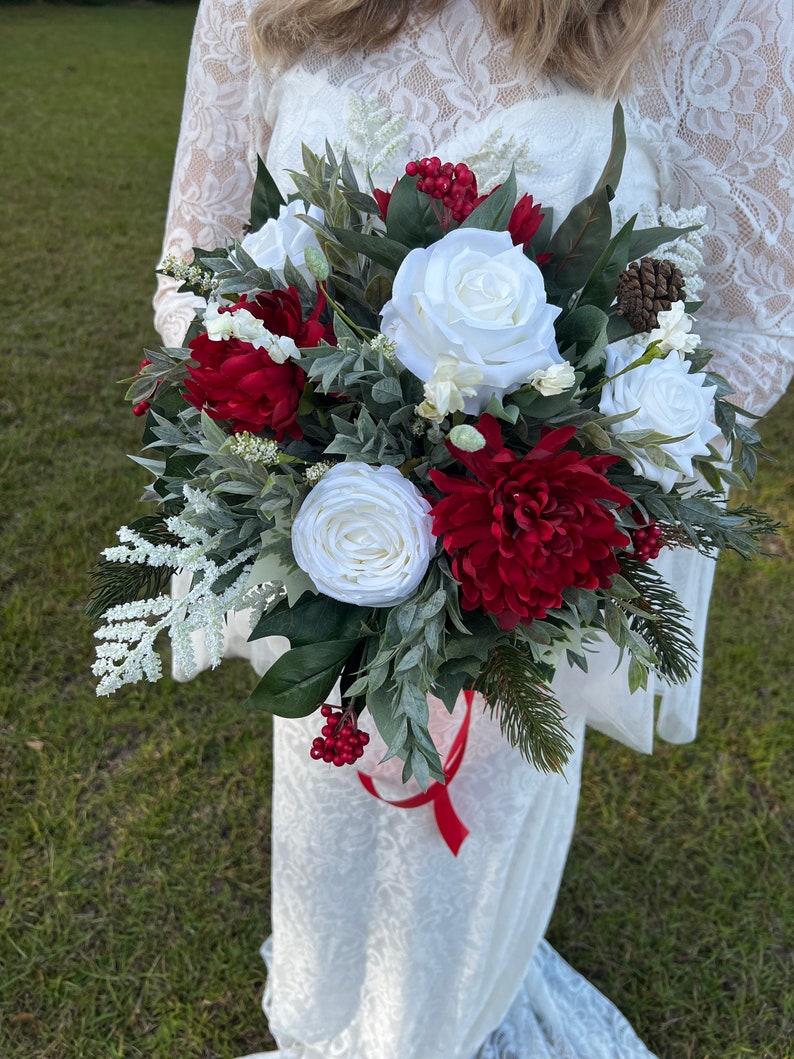 Christmas Wedding Bouquet, Red and White Silk Flowers - Etsy