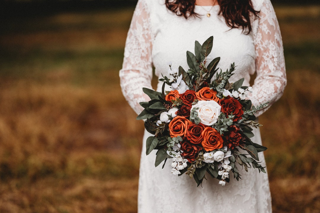 Terracotta and Rust Fall Wedding Bouquet, Burnt Orange, Burgundy, Gold ...