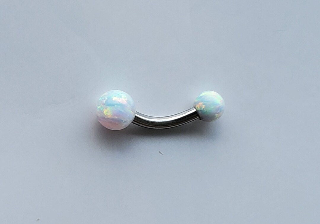 White Fire Opal Curved Barbell 14g 6mm 8mm, 4mm and 5mm Balls, Navel, Belly Button, Shallow ...