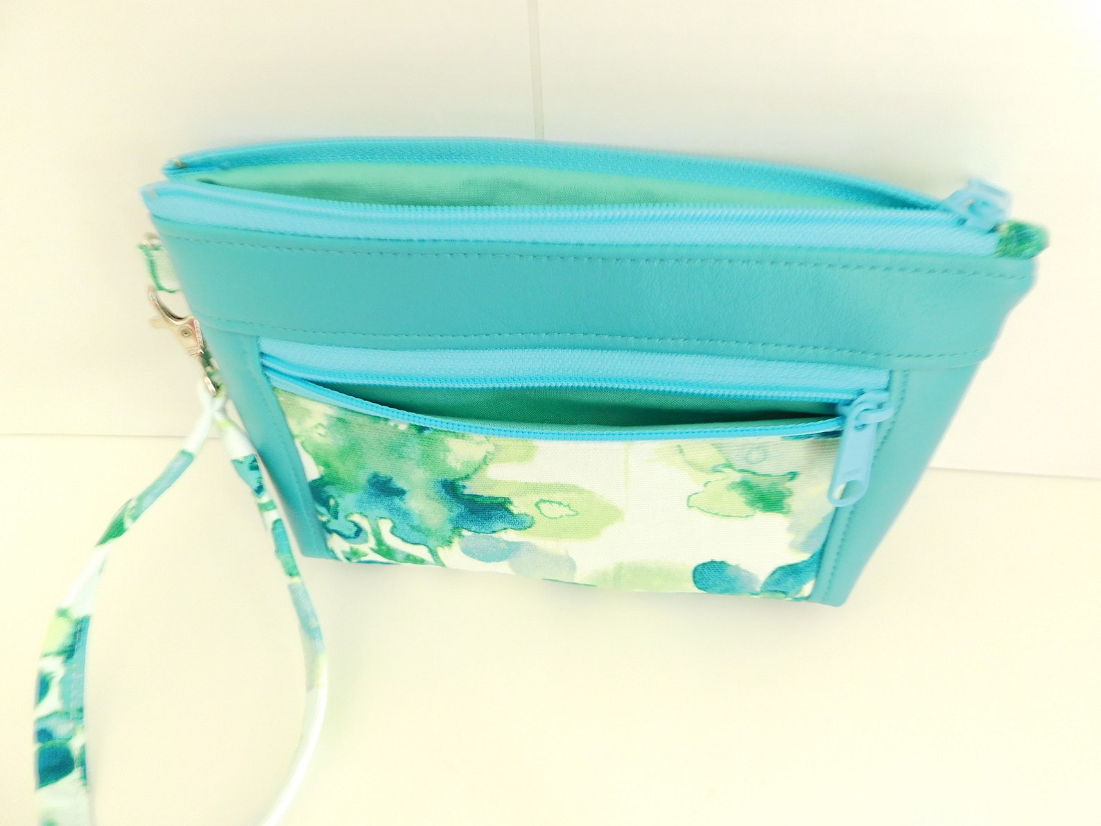 Devon Pouch Made in Outdoor Canvas in Teal and Lime Green Print With ...