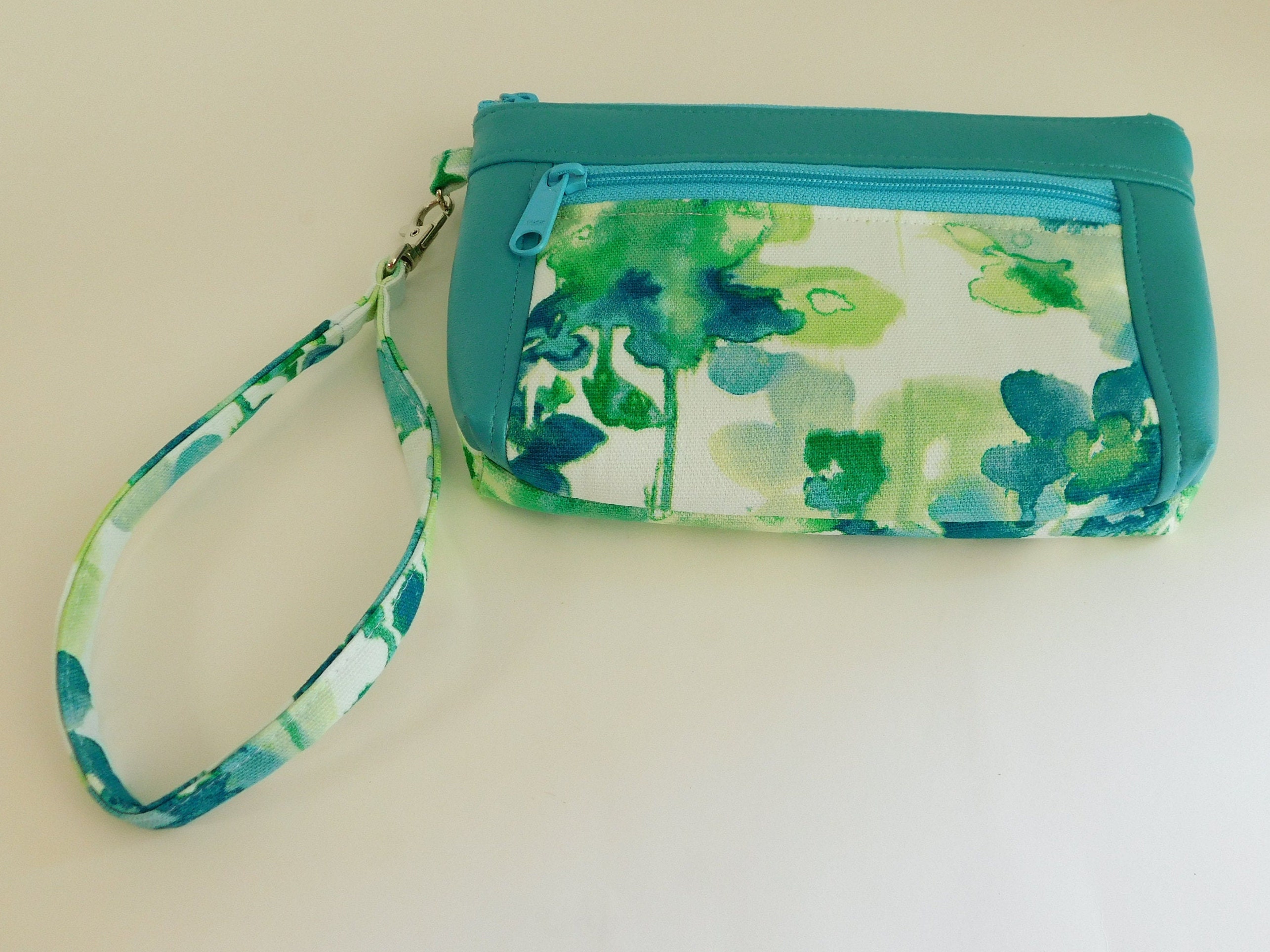 Devon Pouch Made in Outdoor Canvas in Teal and Lime Green Print With ...